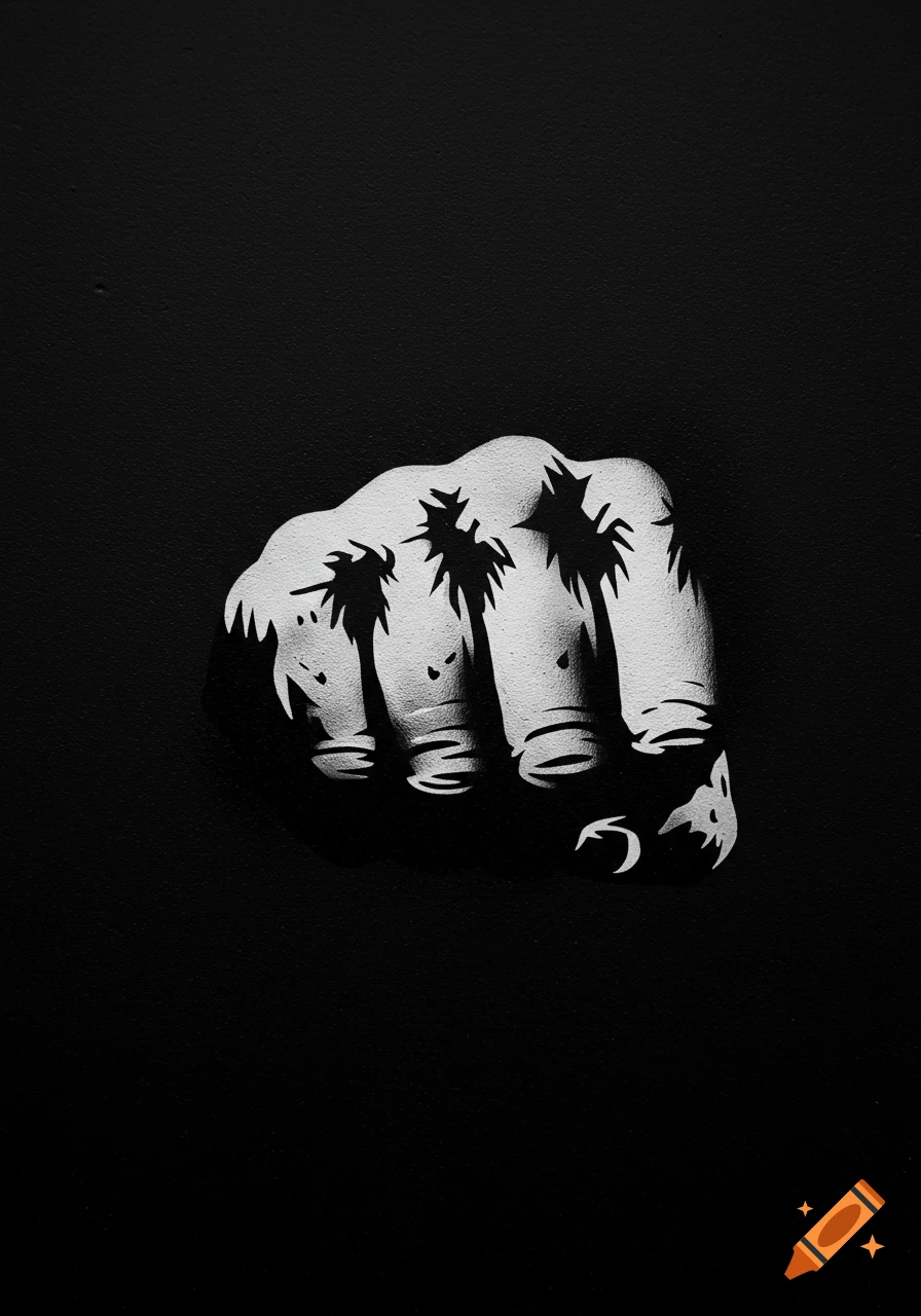 A graphic, high-contrast image of a white fist with black palm tree ...