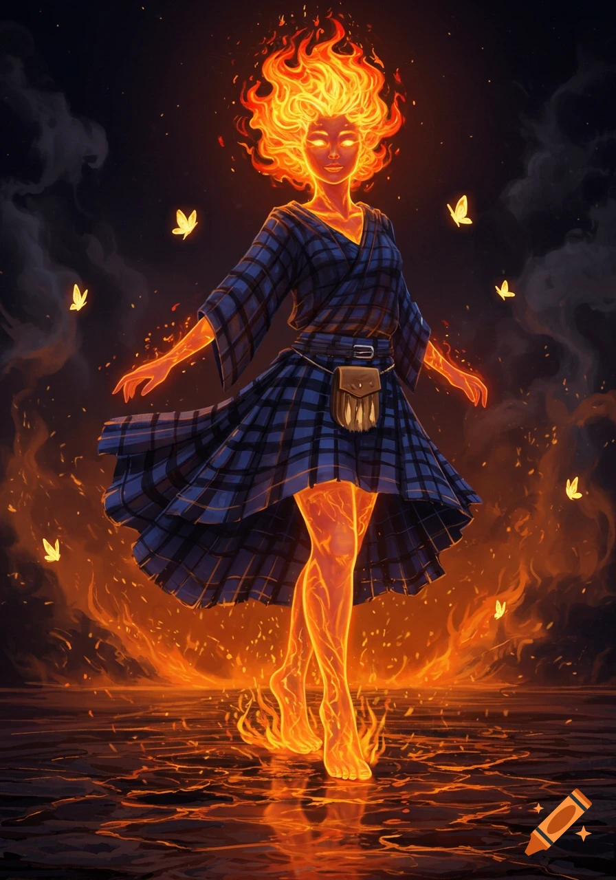 A vibrant female flame spirit with fiery hair and glowing eyes, wearing ...