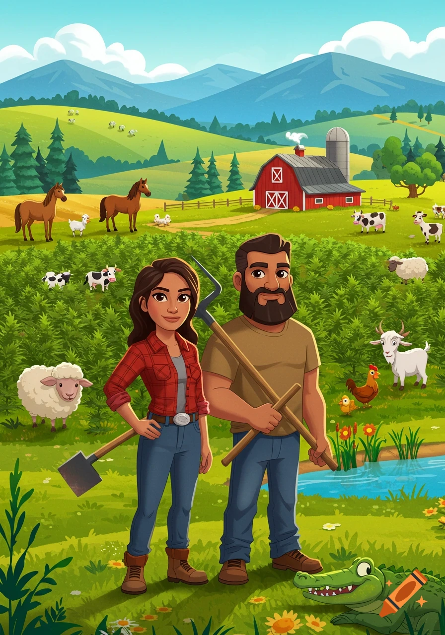 Pixar-style cartoon of a farming couple standing proudly on a colorful ...