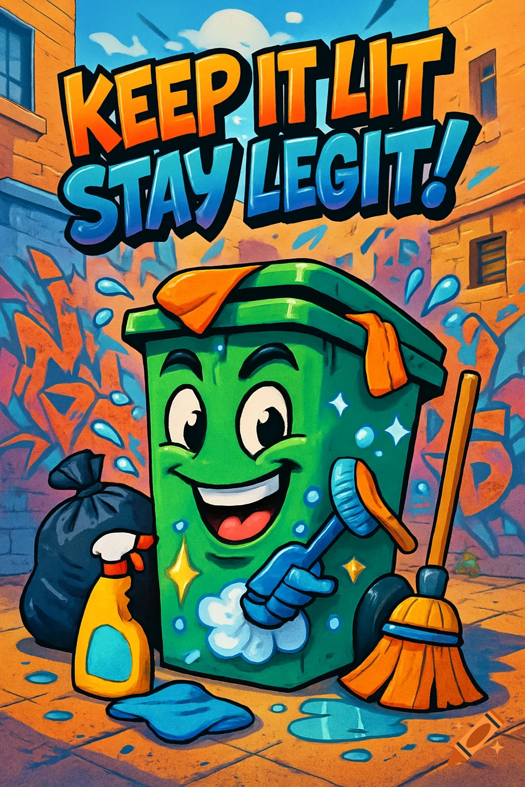 Vibrant cartoon of a smiling green trash bin mascot cleaning, with ...