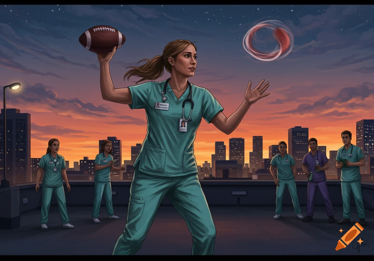 A group of medical professionals on a rooftop at sunset, with a female ...