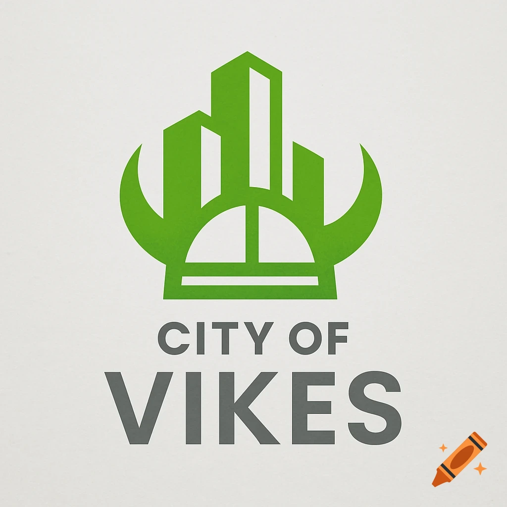 A logo for City of Vikes, featuring a large green V on a grey M, with ...
