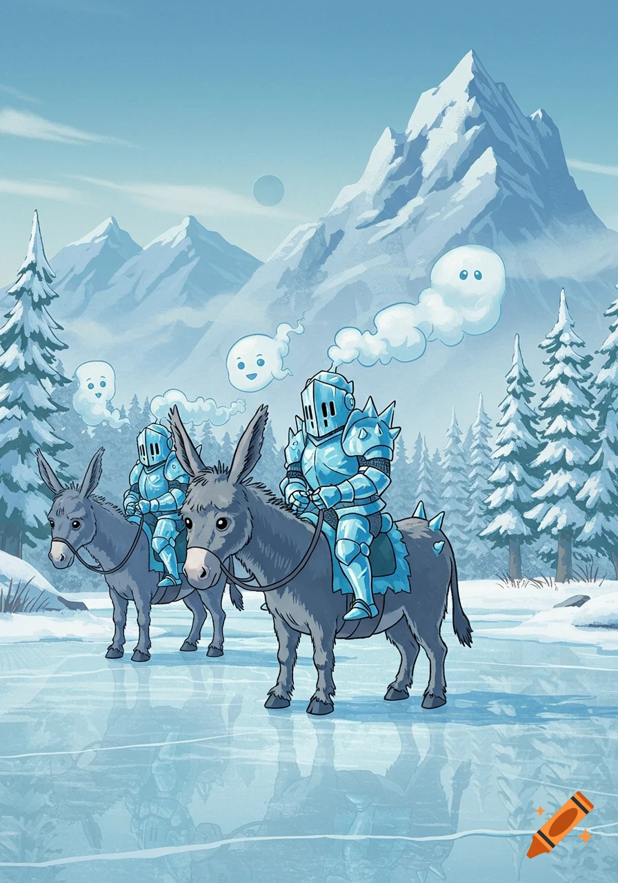 Cartoon knights in ice armor ride donkeys on a frozen lake with snowy ...