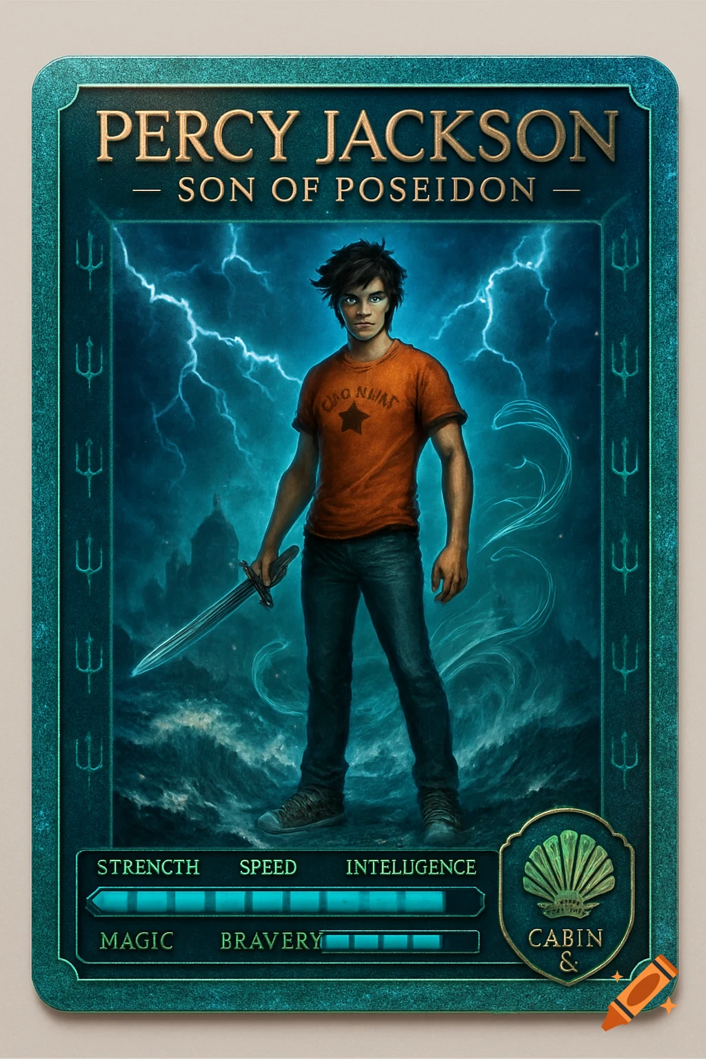 A Percy Jackson hero card features the character standing with a sword ...