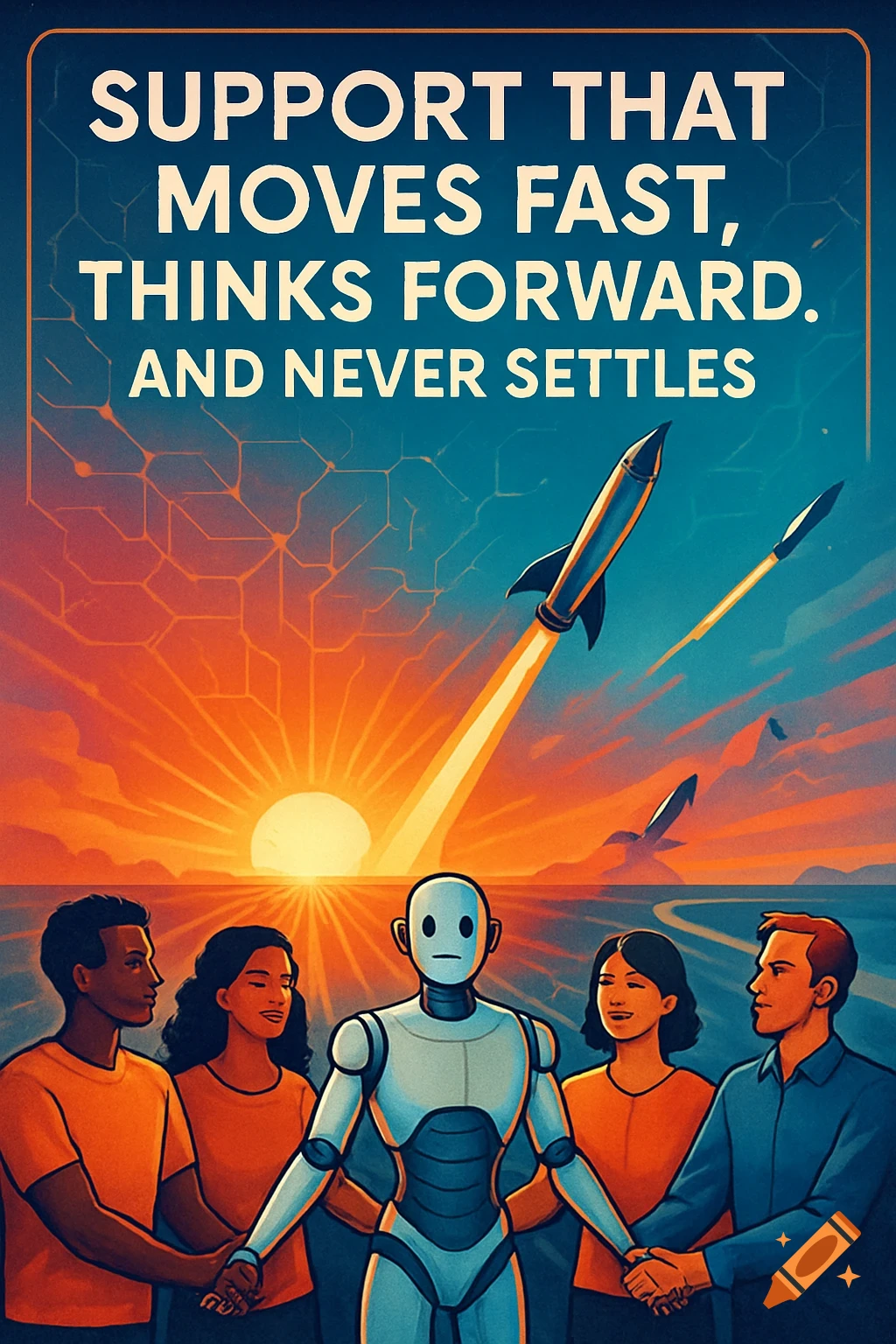 A vibrant poster with a robot and diverse people holding hands, against ...