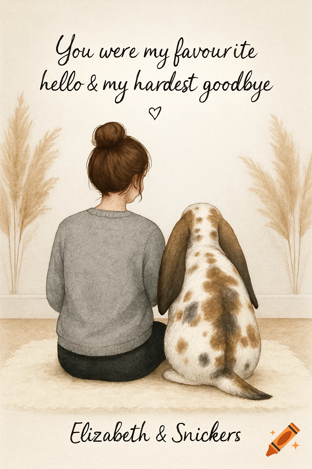 An illustration of a woman and her English Lop rabbit sitting from ...