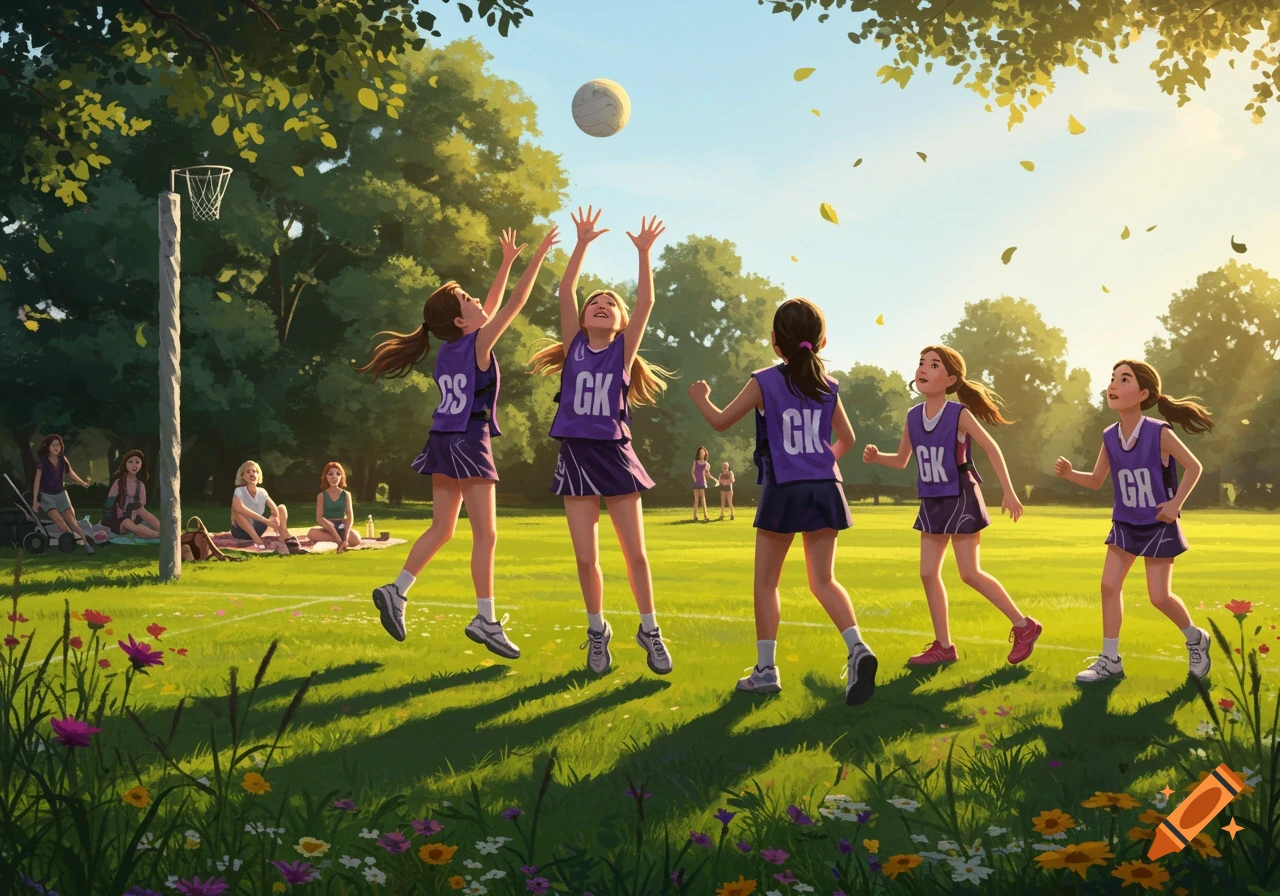 An illustration of young girls playing netball on a sunny grass field ...