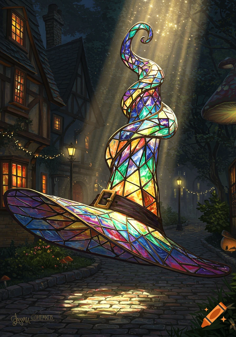 A whimsical stained-glass witch hat, glowing with colorful light ...