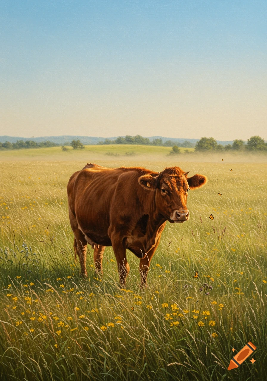 A brown cow stands in a tall golden field with yellow wildflowers and ...
