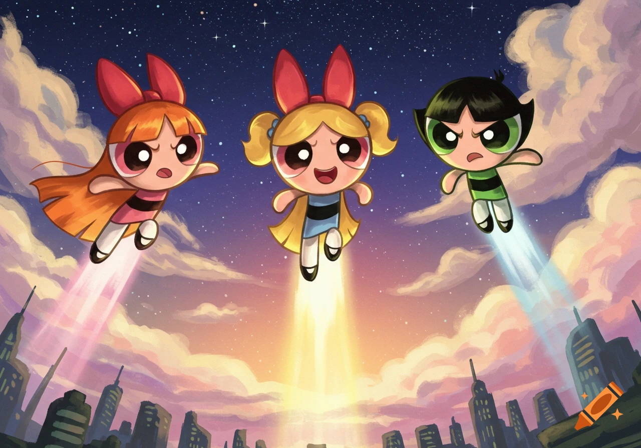 The Powerpuff Girls flying upwards from a city at dusk, leaving ...