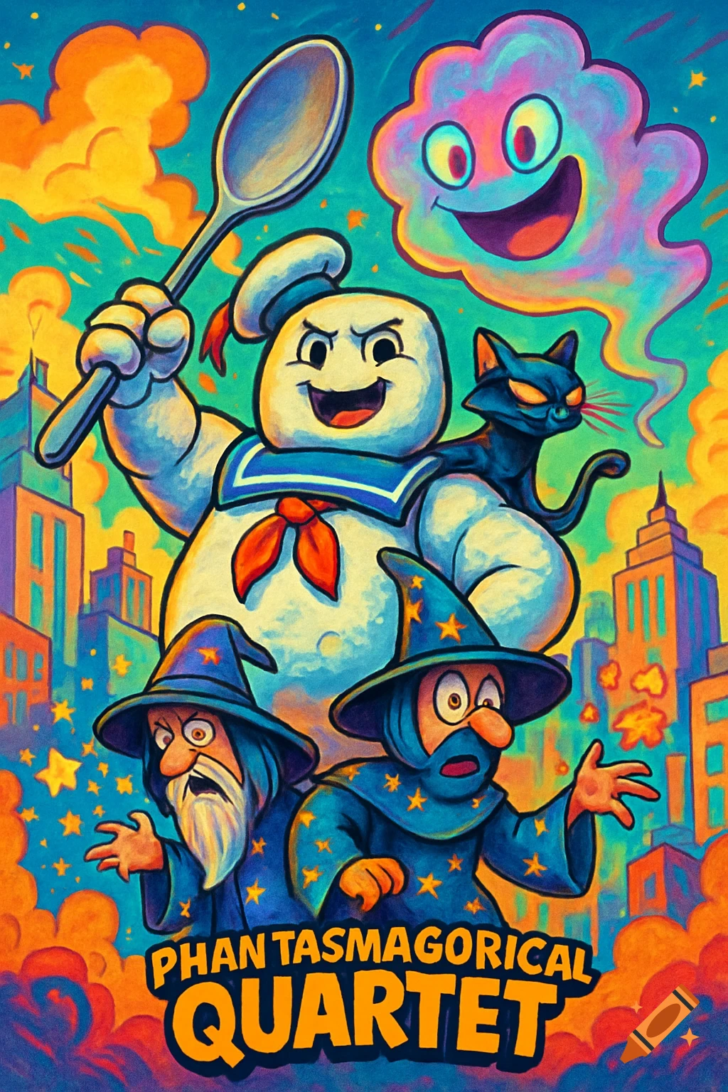 Cartoon Stay Puft Marshmallow Man with spoon, two wizards, black cat ...