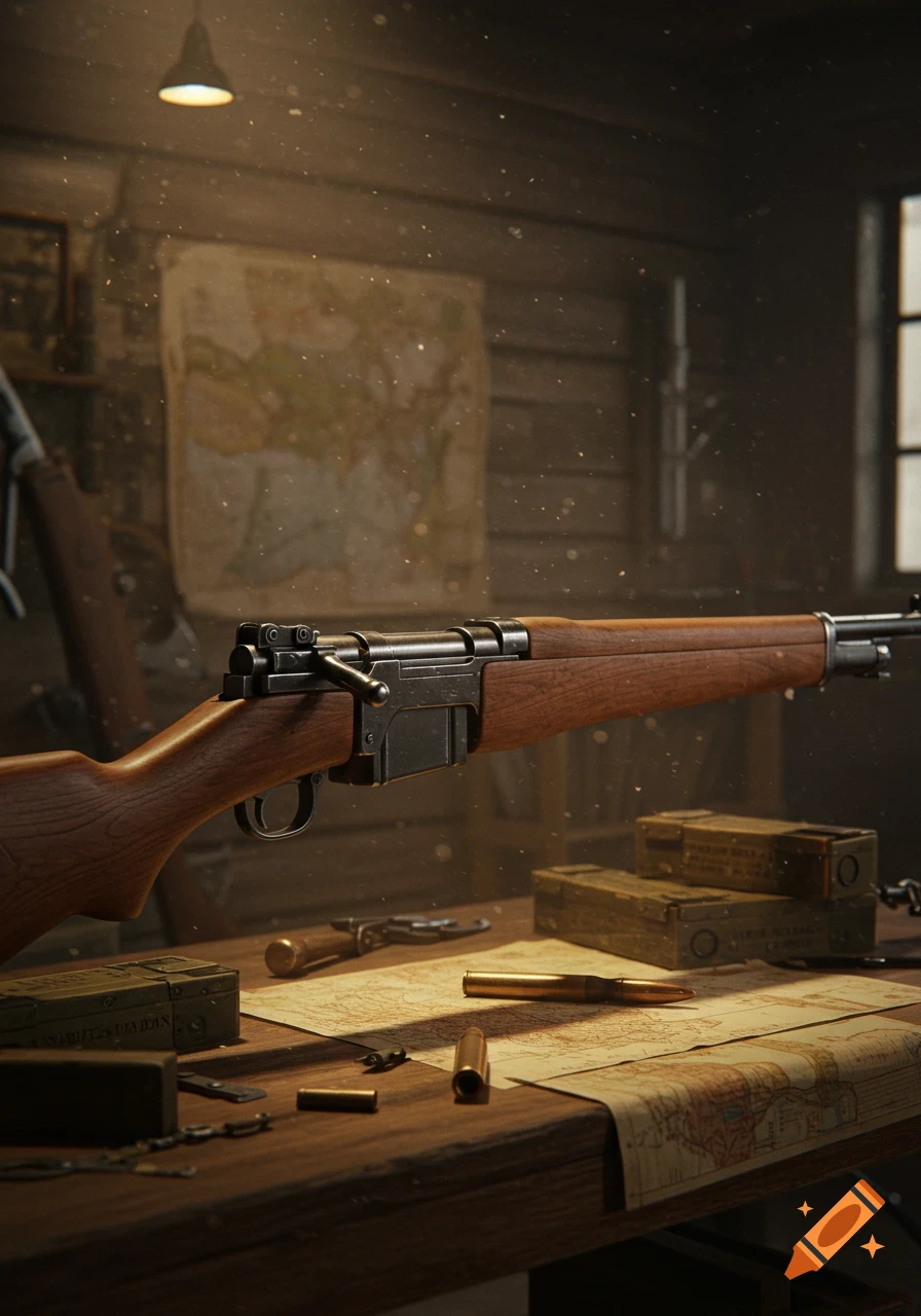 A photorealistic image of an M1 Garand rifle on a wooden table with ...