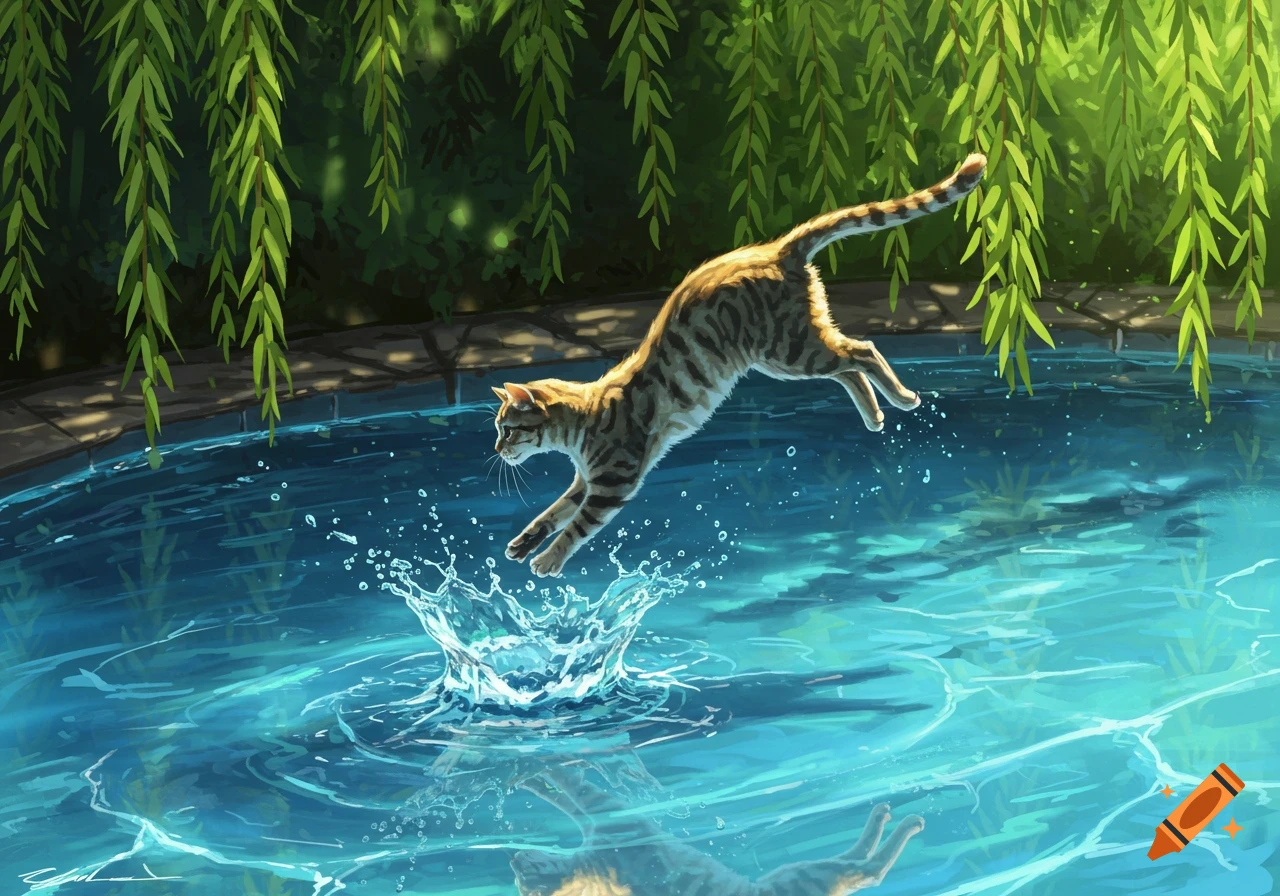 A tabby cat leaps into a blue pond, creating a large splash, with green ...