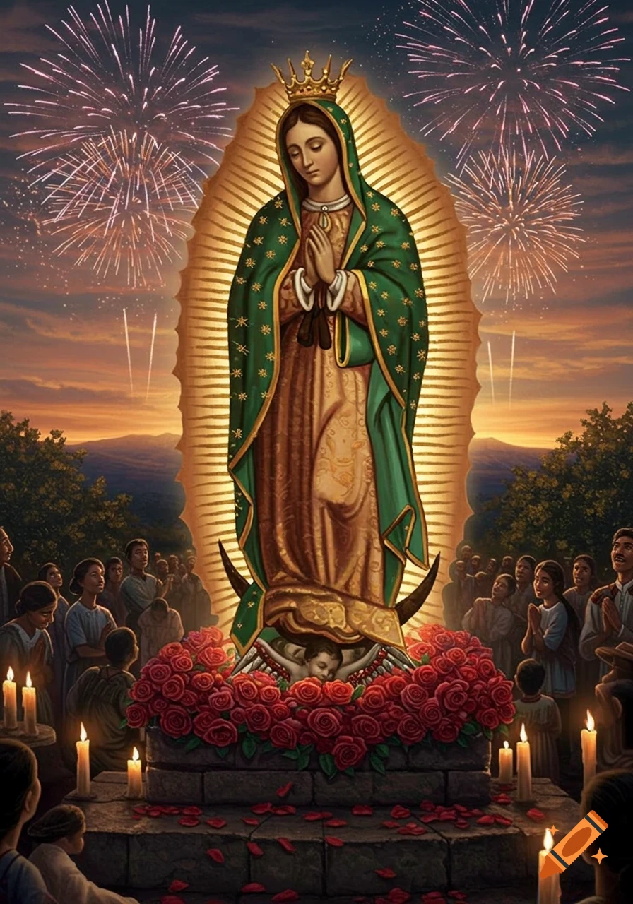 Our Lady of Guadalupe with a golden aura and green cloak, standing ...