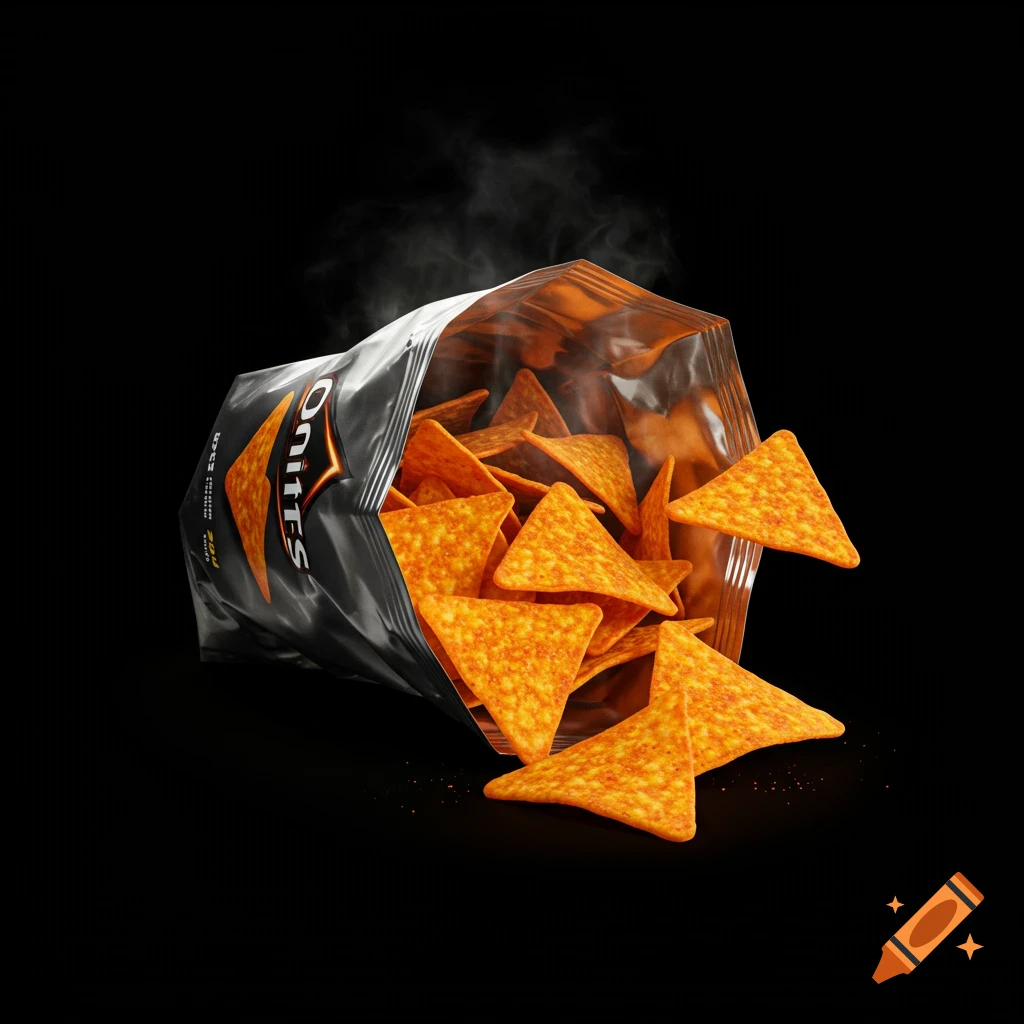 Photorealistic image of an open bag of Doritos nacho cheese chips ...