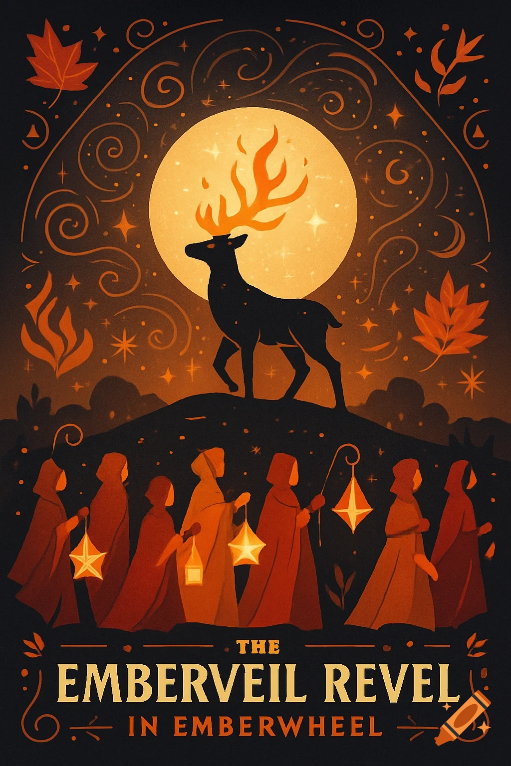 A vibrant fantasy poster features a celestial stag with fiery antlers ...