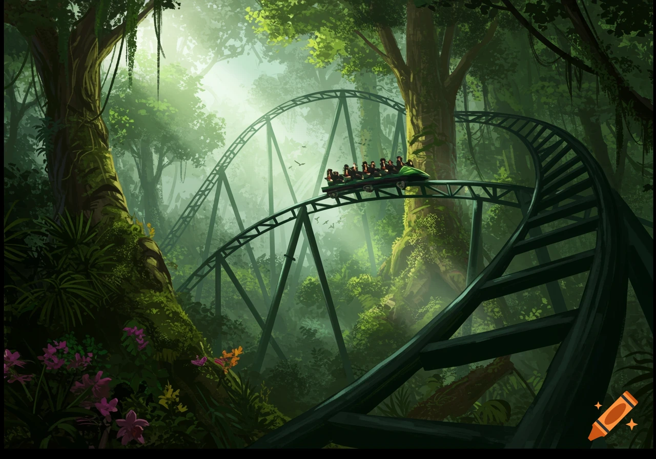 A vibrant illustration of a dark green roller coaster winding through a ...