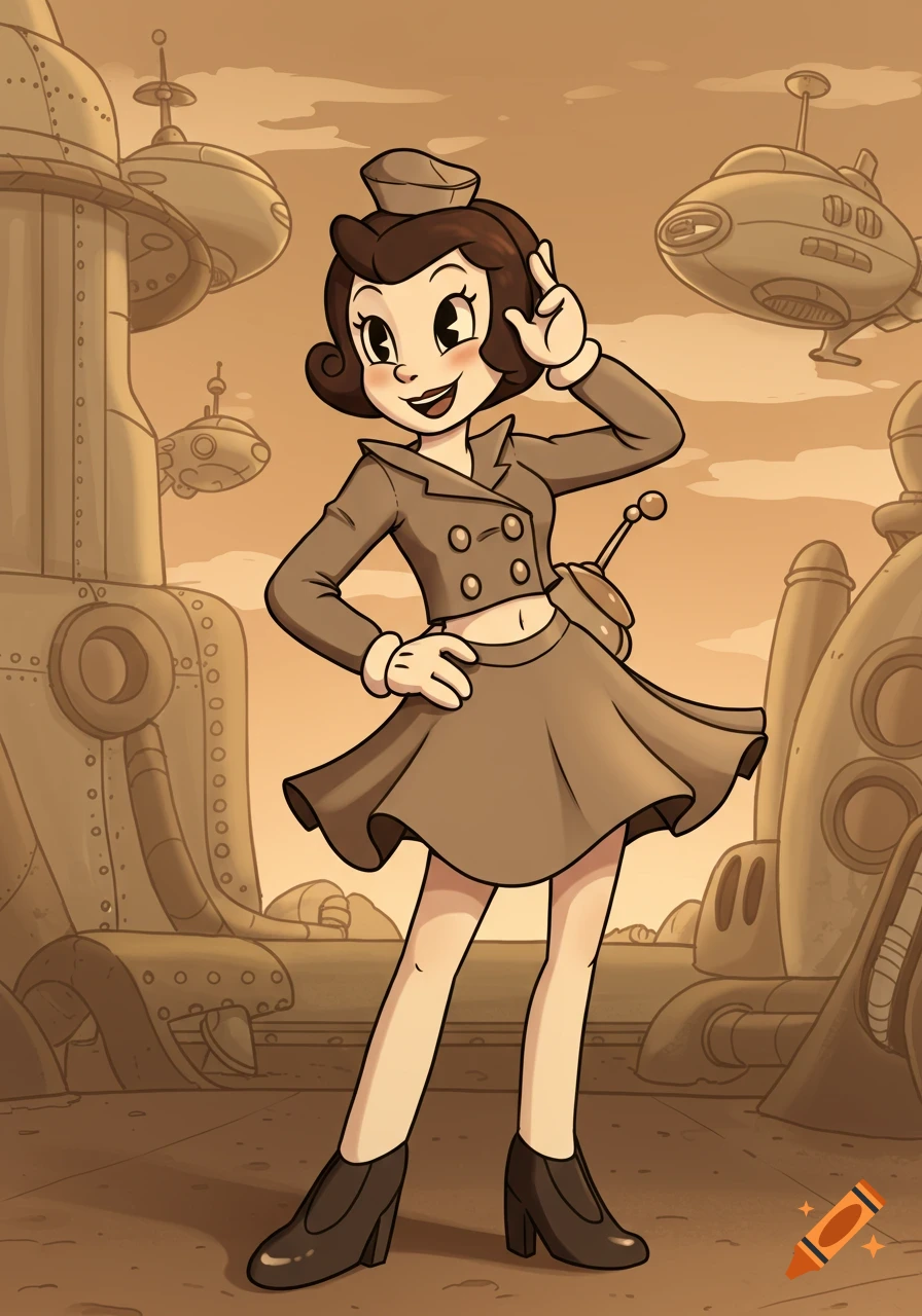 A retro-futuristic rubber hose style cartoon of a smiling woman in a ...