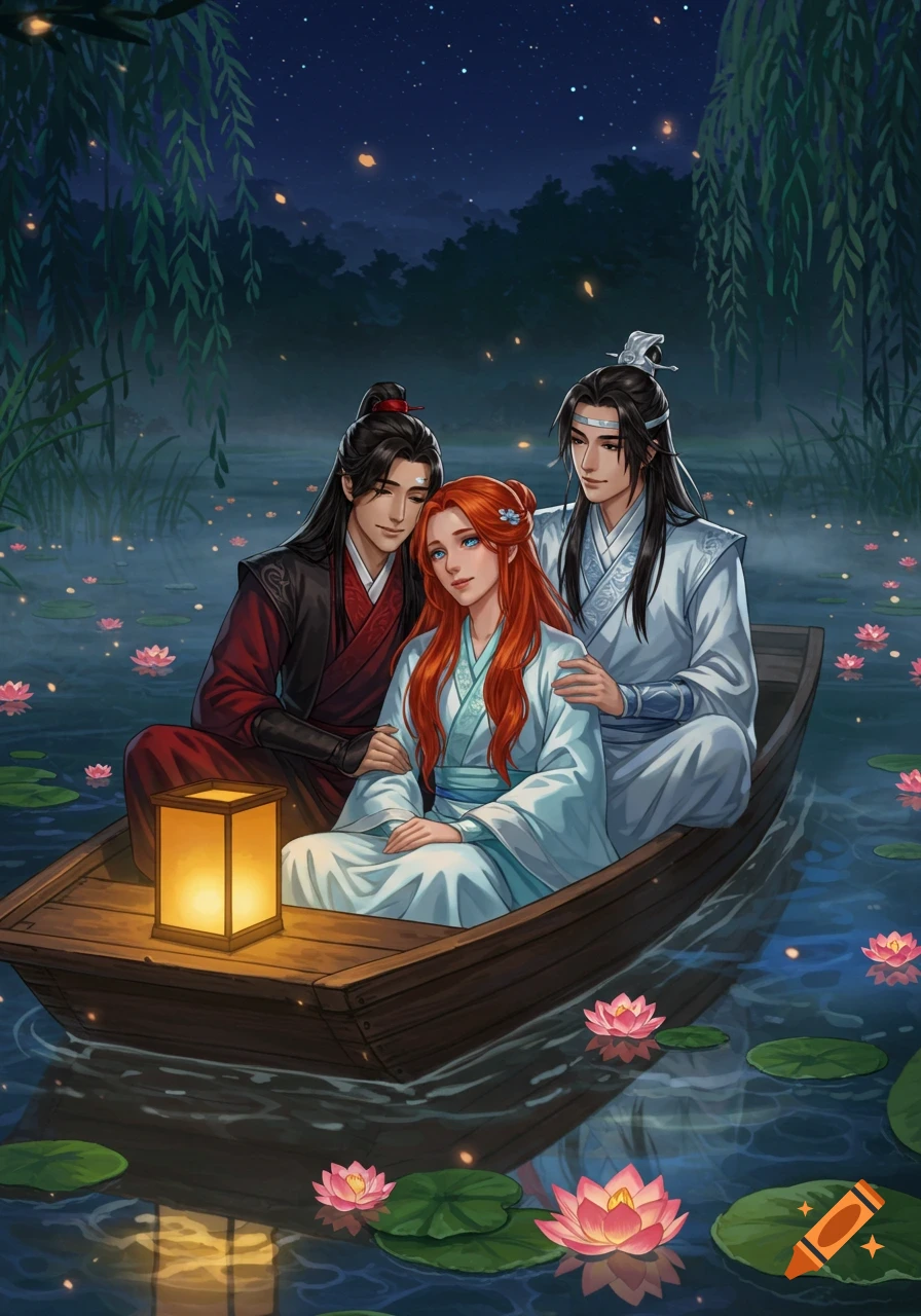 Anime illustration of a woman with red hair sitting in a boat between ...