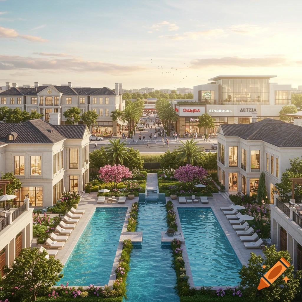 An aerial, photorealistic view of a large, luxurious mansion at dusk ...