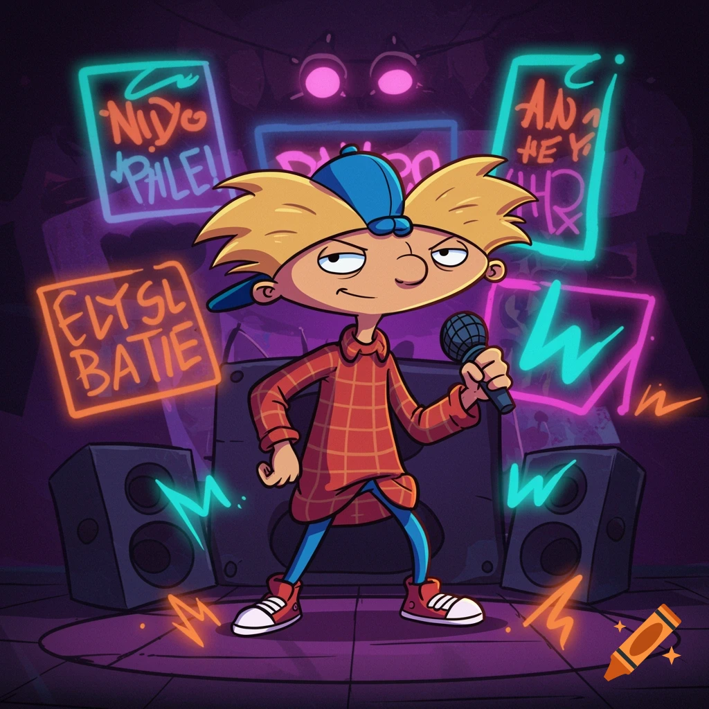 Arnold from Hey Arnold singing into a microphone on a stage with neon ...