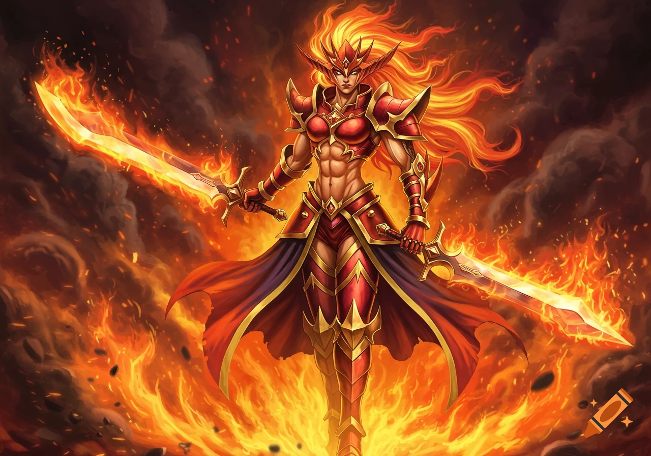 A Powerful Female Warrior With Fiery Hair and Armor Wields Two Glowing Swords Amidst Flames and ...