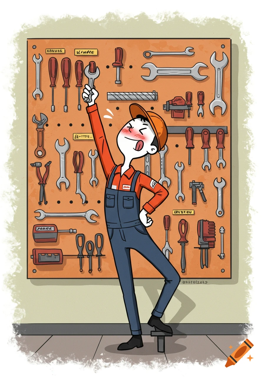 Cartoon of a worker reaching for a wrench on a tool board, tongue ...
