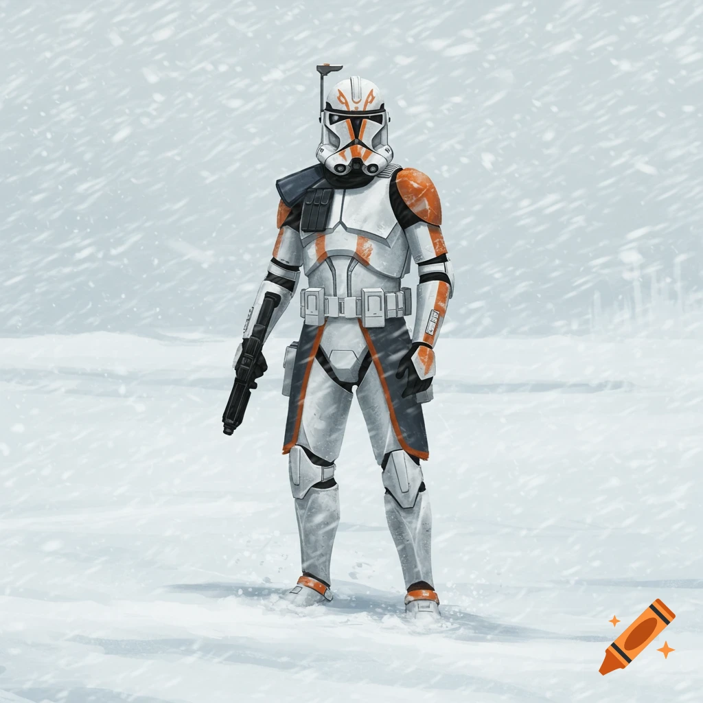 Commander Cody, a white and orange clone trooper, stands in a spaceship ...