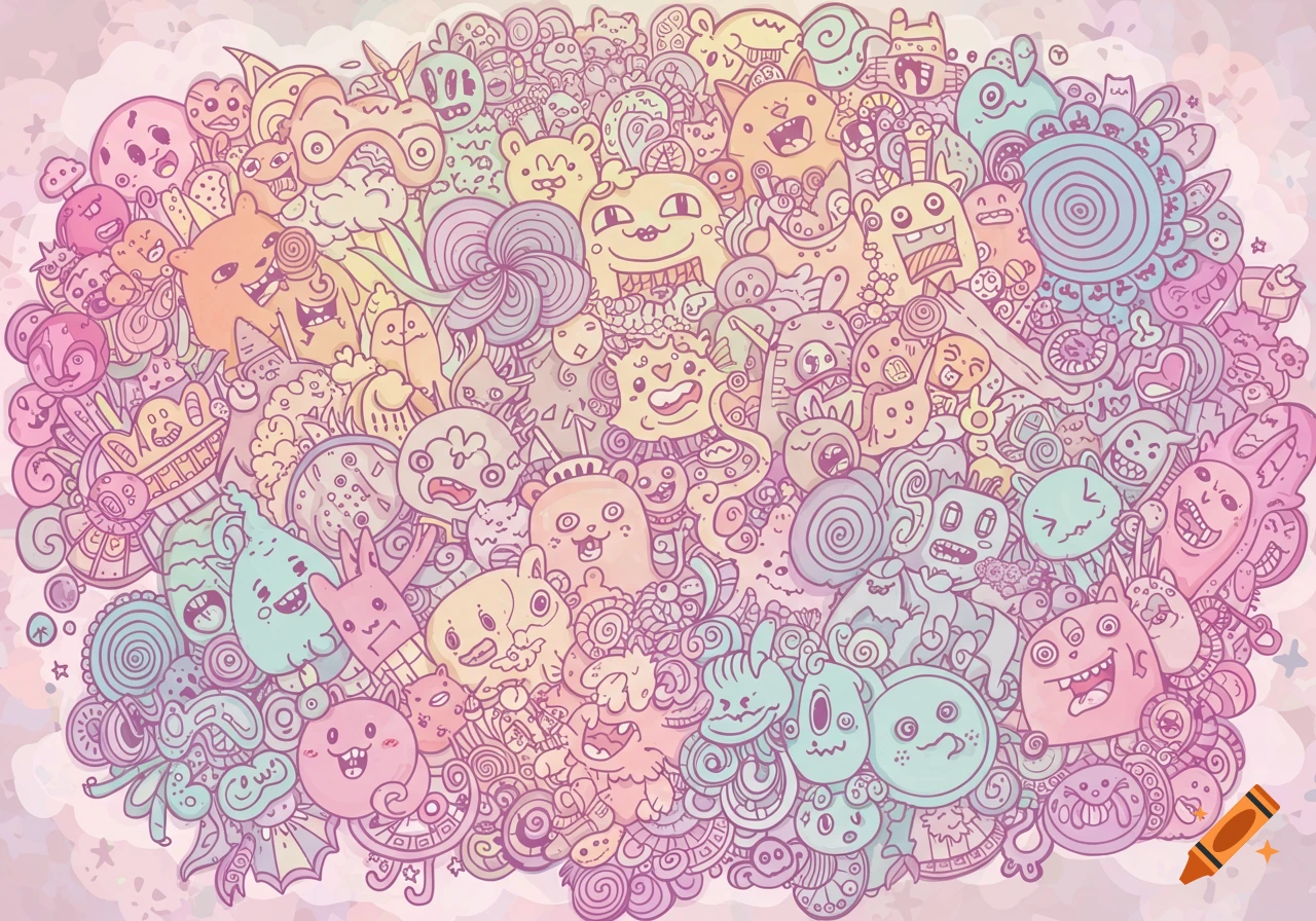 A vibrant, dense doodle pattern fills the frame, featuring whimsical ...