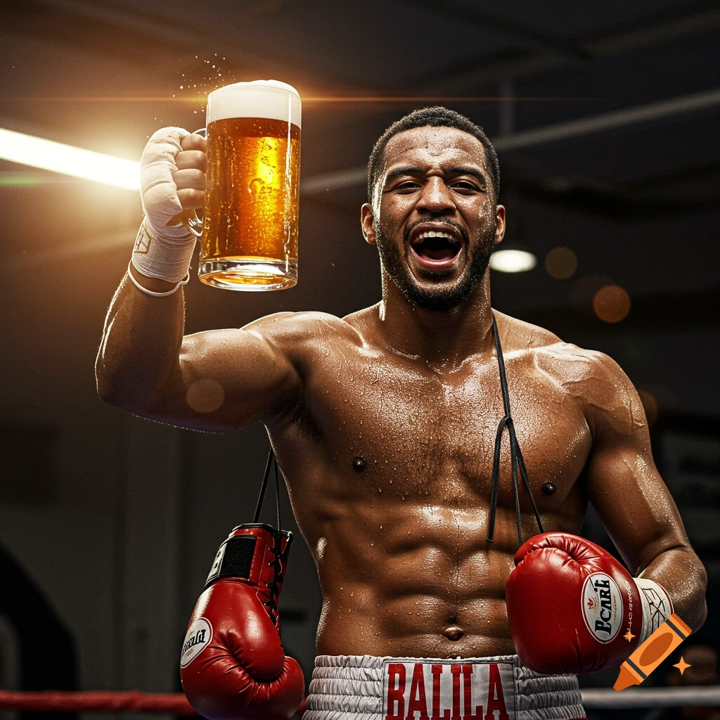 Sweaty boxer in a ring holding a large mug of beer, cheering loudly ...