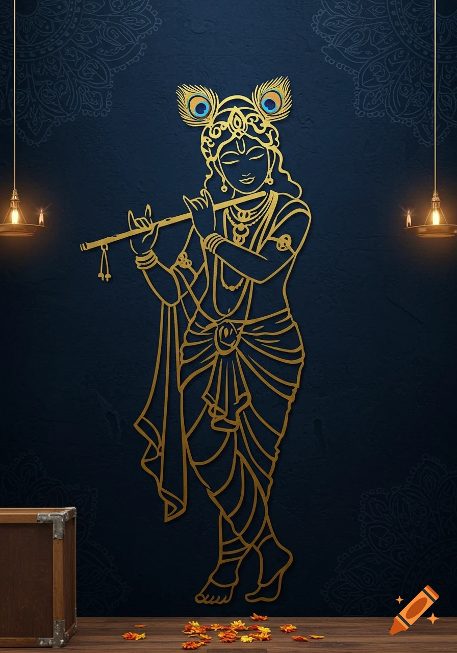 Stylized geometric illustration of Krishna playing a golden flute on a ...