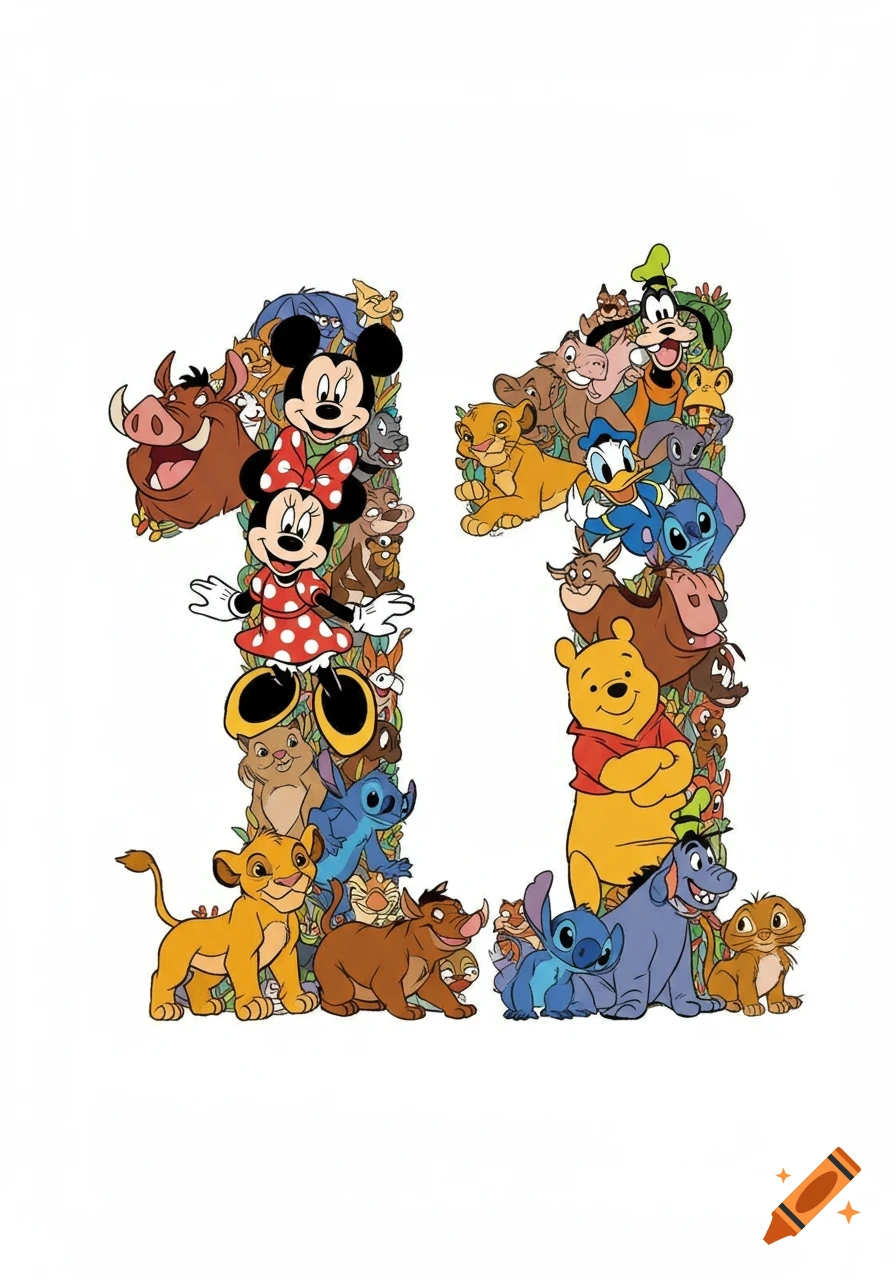 The number 11 formed entirely by classic Disney characters like Mickey ...