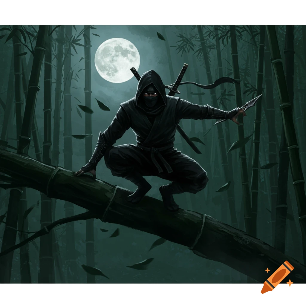 A ninja in a black suit crouches on a bamboo branch under a full moon ...