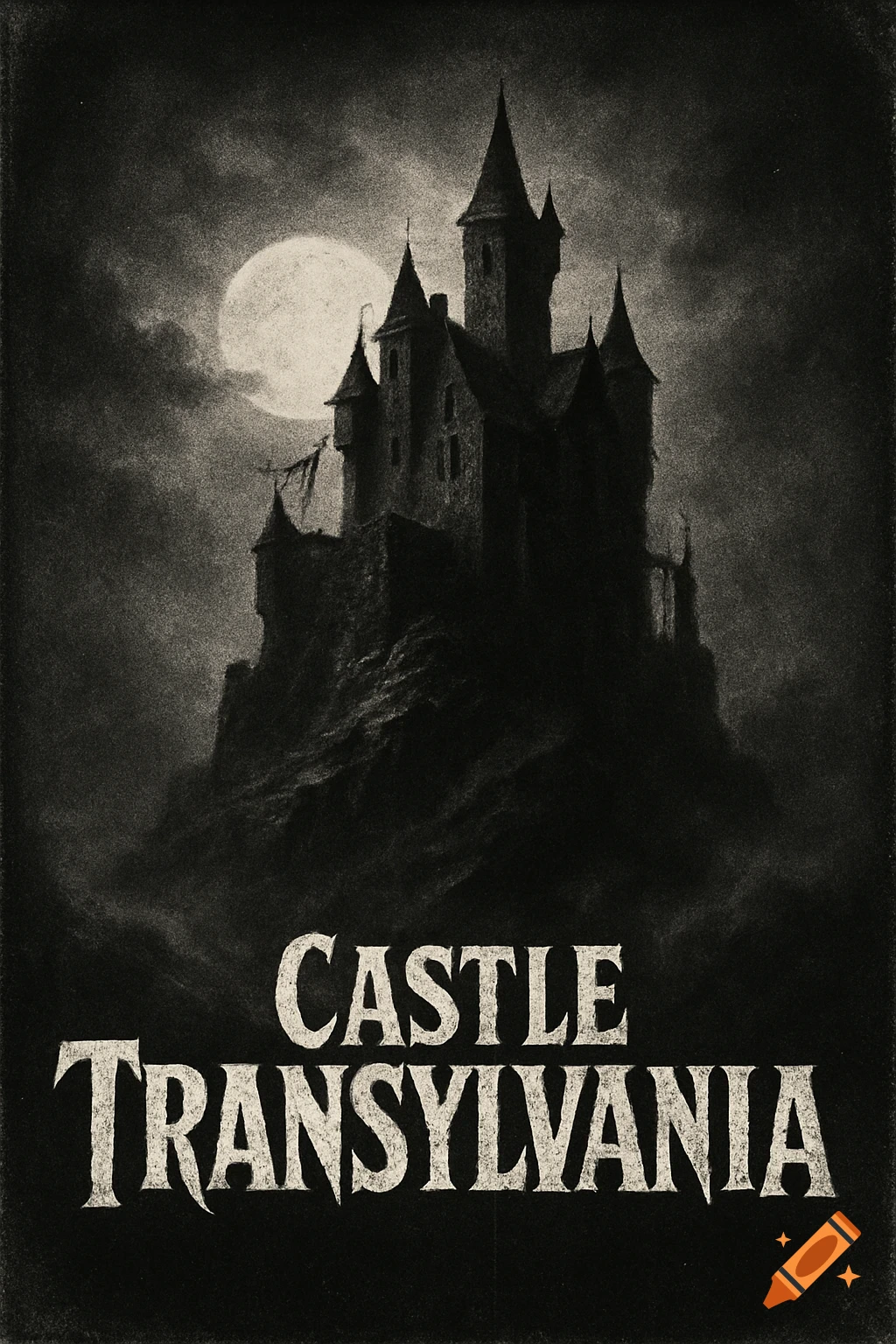 Grainy black and white poster of a dark gothic castle on a cliff under ...