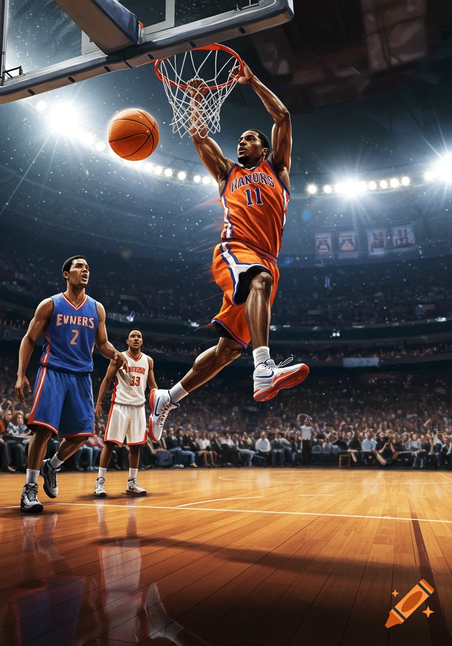 Michael Jordan in a red Bulls jersey dunks a basketball in a brightly ...