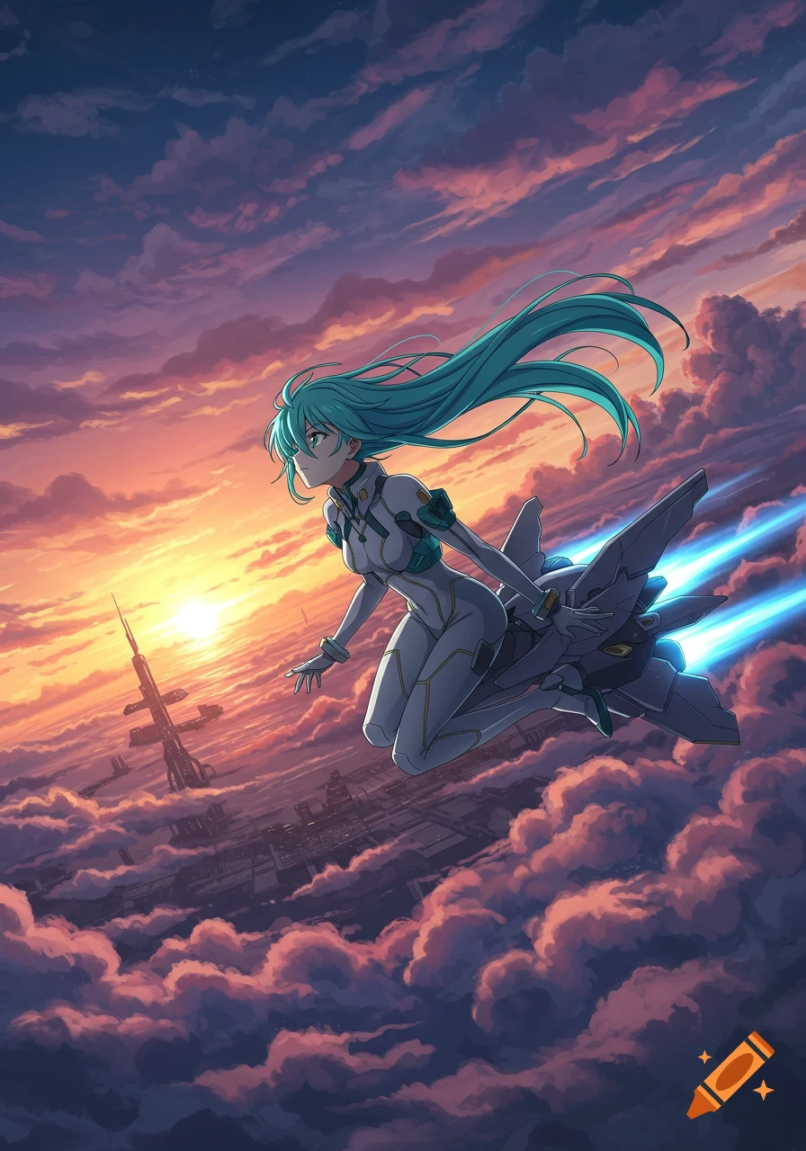 Anime girl with teal hair flying on a jetpack through a sunset sky over ...