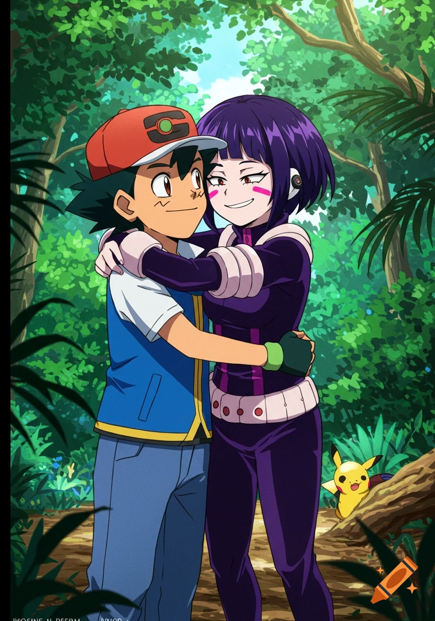 Anime drawing of Ash Ketchum and Kyoka Jirou hugging in a lush forest ...