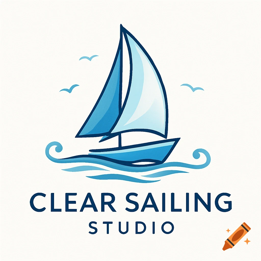 A stylized logo featuring a blue sailboat with two sails on wavy blue ...
