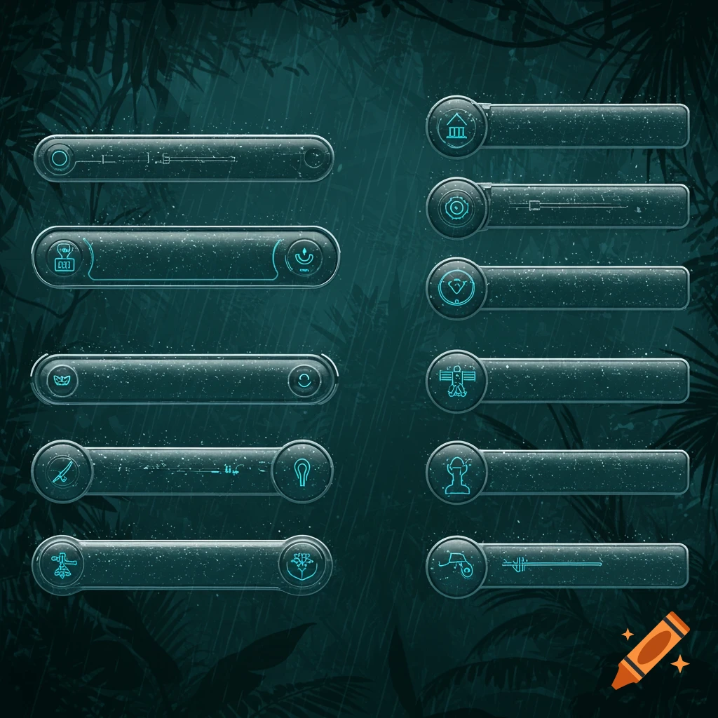 A collection of intricately carved wooden GUI elements, including buttons, sliders, checkboxes ...