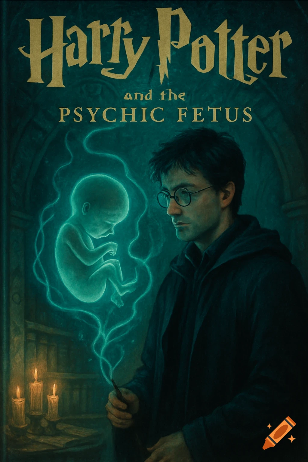 Illustrated book cover: Young Harry Potter in glasses holds broken ...