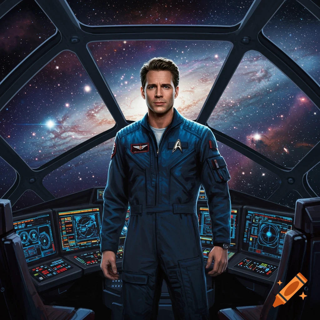 A man in a blue Starfleet-like uniform stands on a futuristic spaceship ...