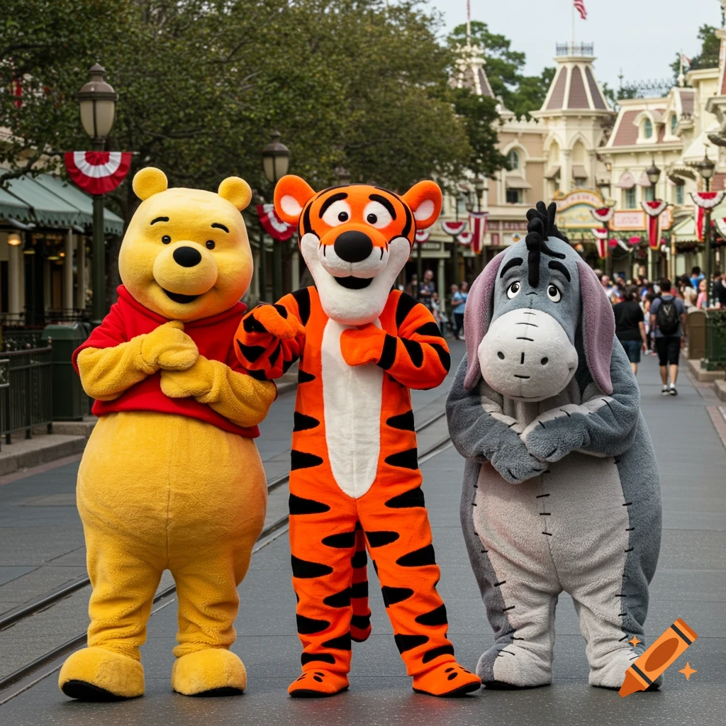 Mascot versions of Winnie the Pooh, Tigger, and Eeyore stand on a ...