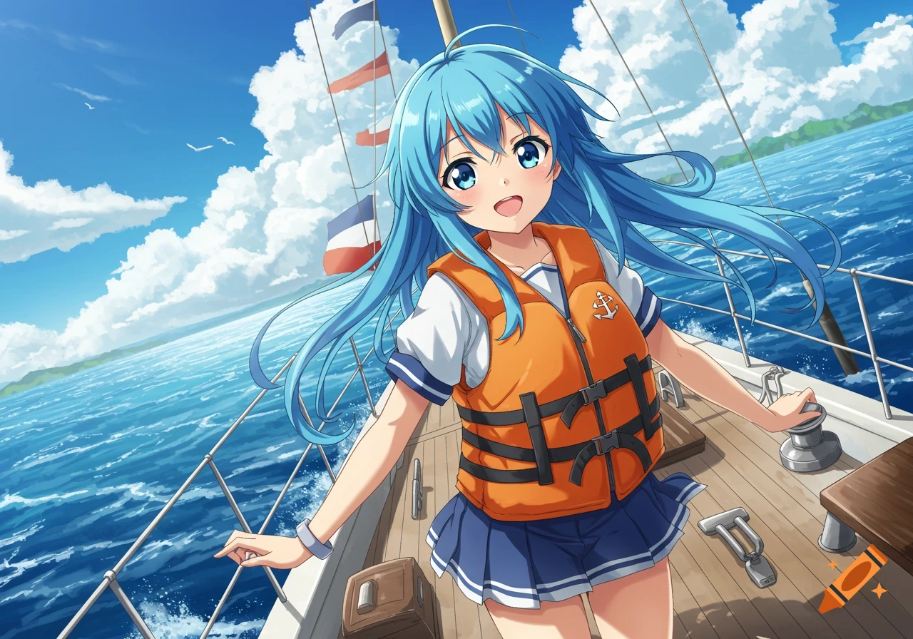 An anime girl with blue hair and an orange life vest stands on a boat ...