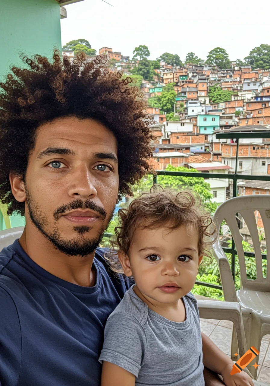 Photorealistic selfie of a man with curly hair and blue eyes holding a ...