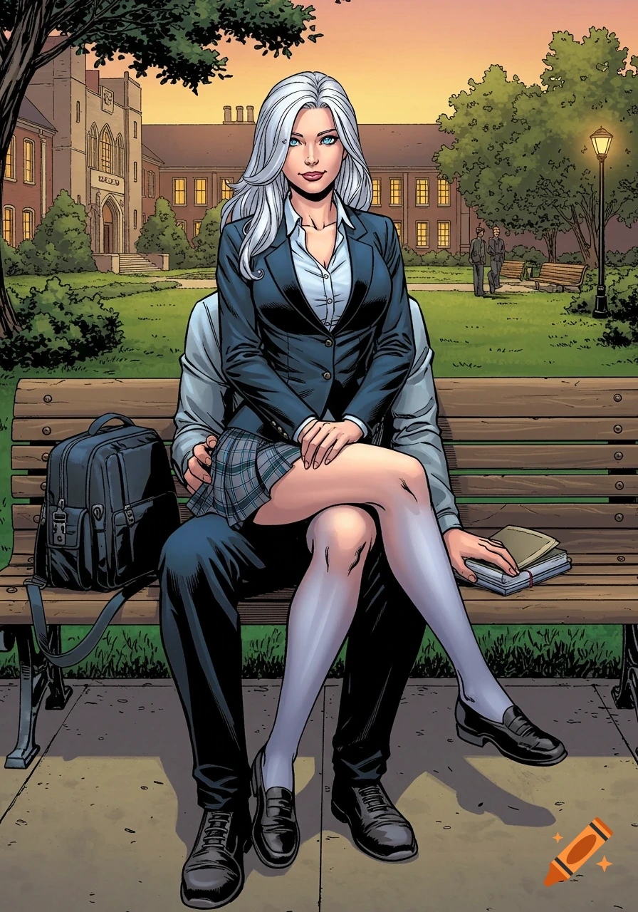 A white-haired female student in a school uniform and plaid mini-skirt ...