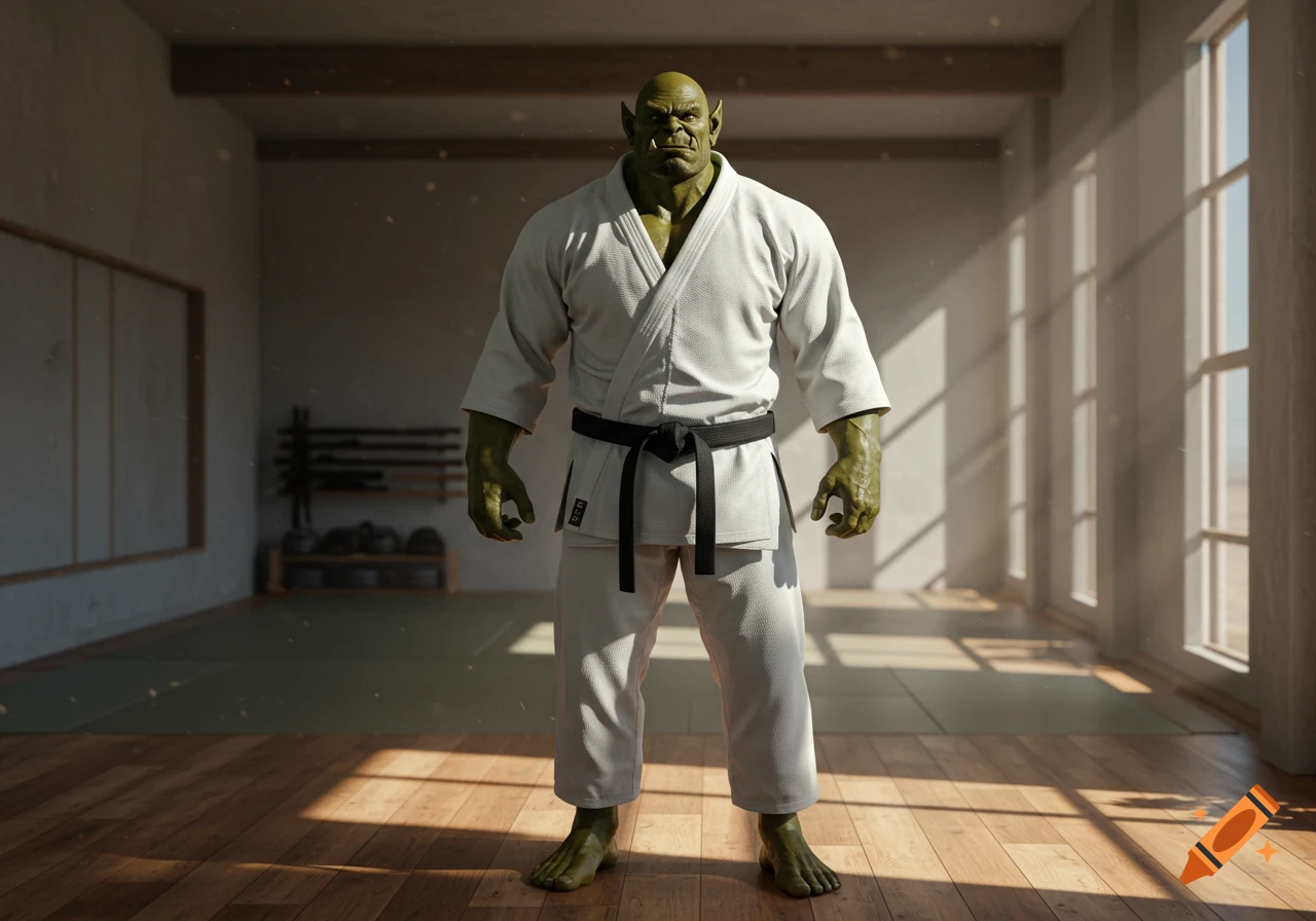 A muscular green-skinned orc stands in a photorealistic dojo, wearing a ...