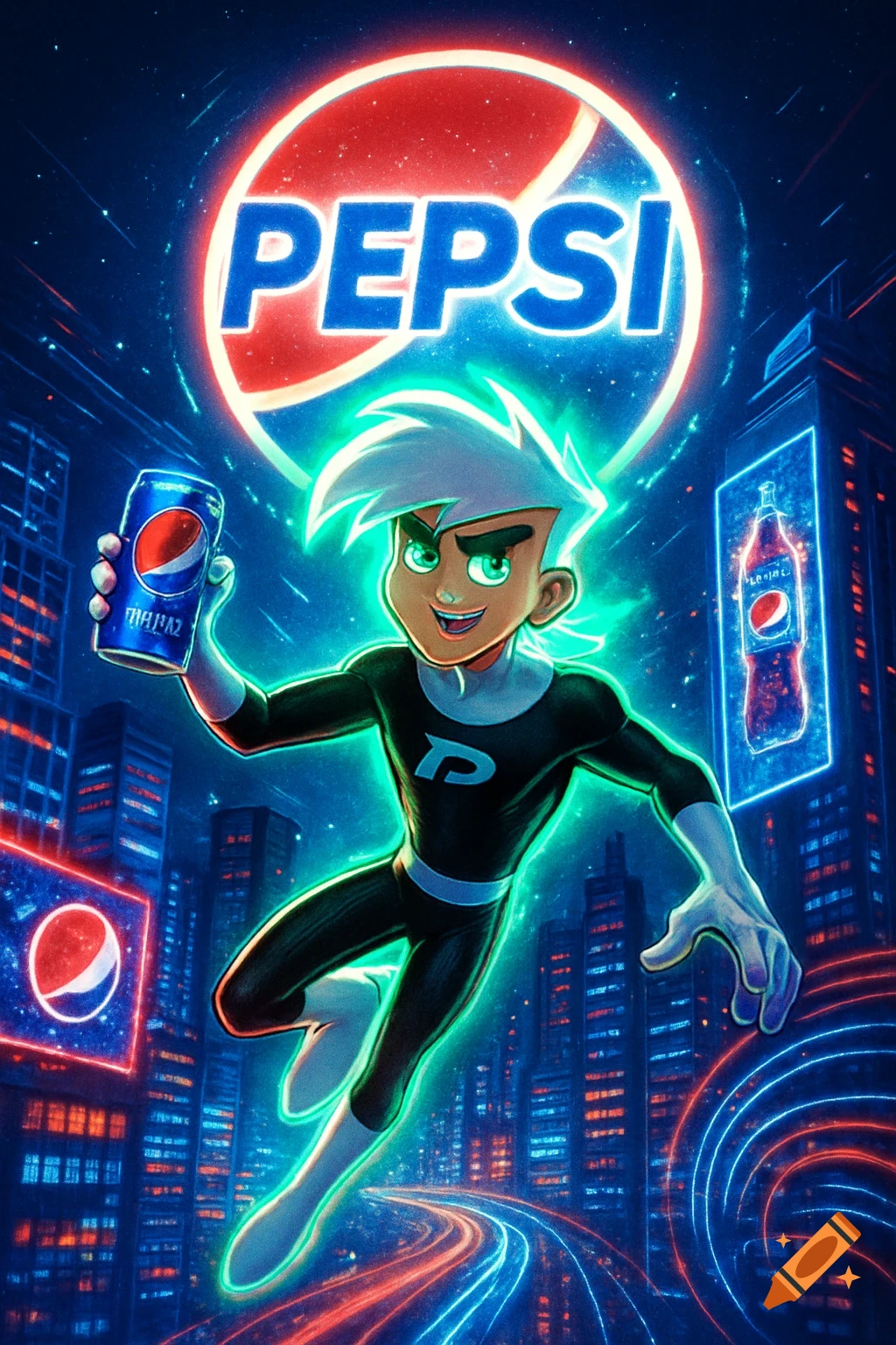 Animated Danny Phantom in his black and white suit, glowing green ...