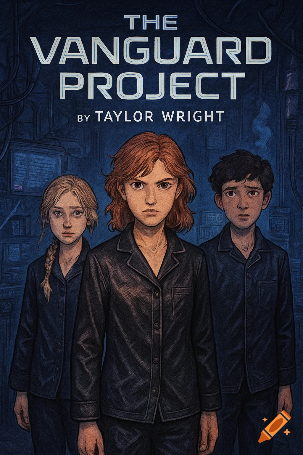 An illustrated book cover of three solemn teenagers in dark pajamas in a futuristic lab. Title ...
