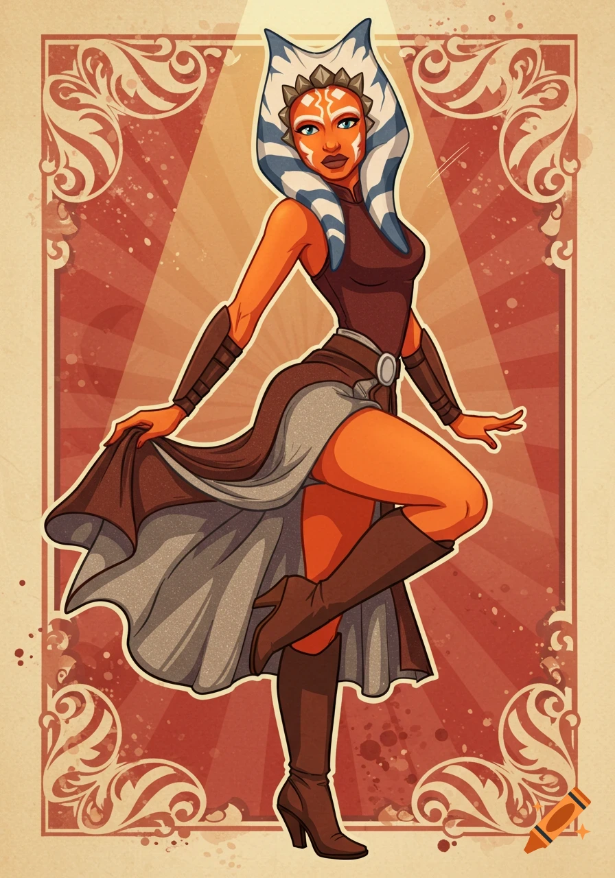 Ahsoka Tano in a vintage pin-up poster illustration, striking a pose on a red background with ...