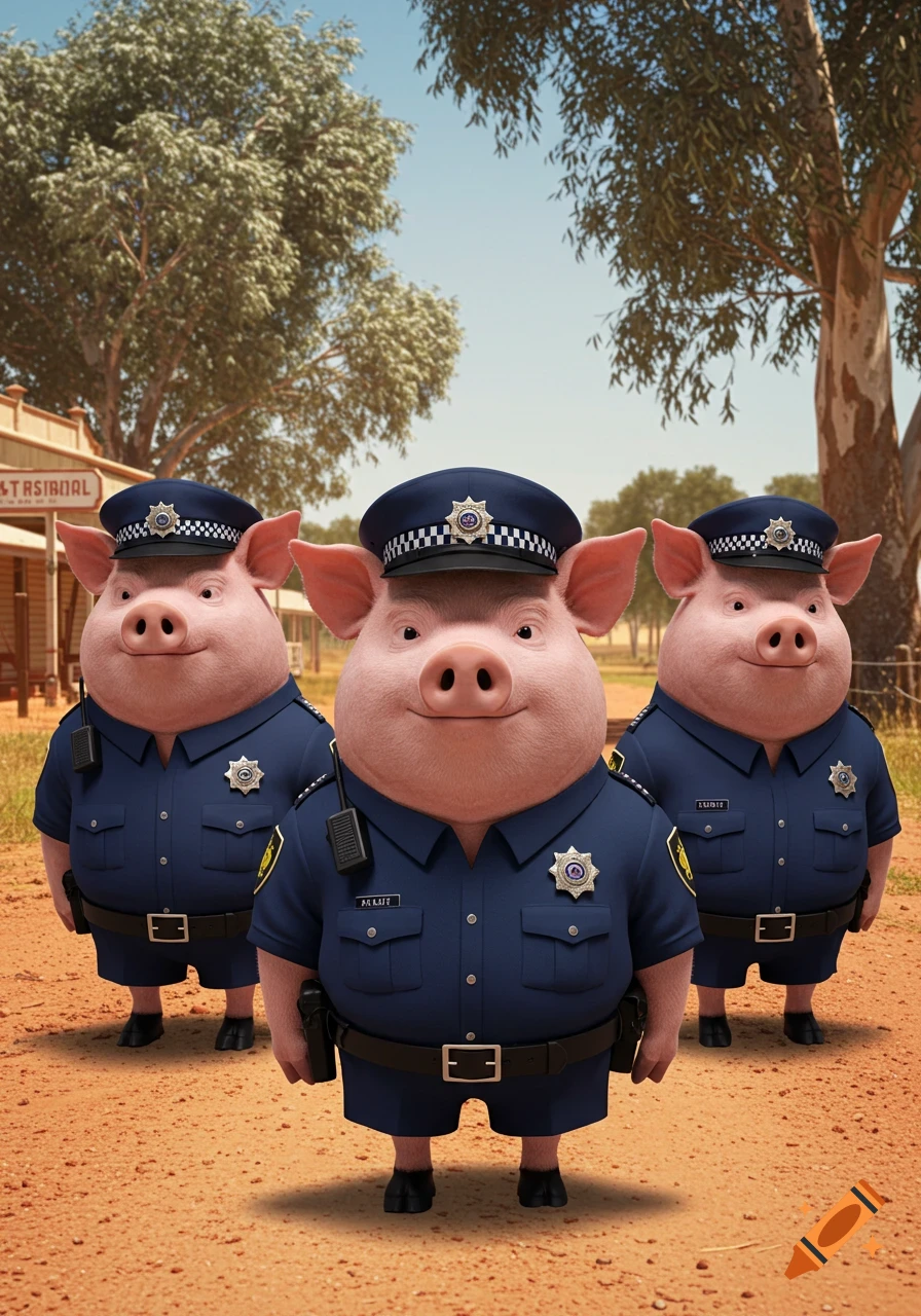 Three anthropomorphic pigs in blue police uniforms stand outdoors in a ...